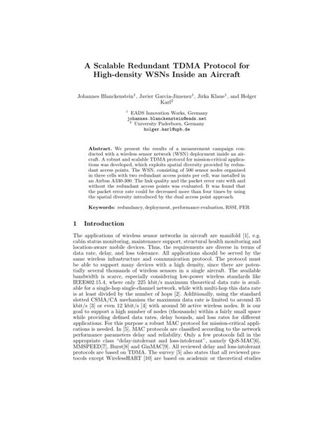 PDF A Scalable Redundant TDMA Protocol For High Density WSNs Inside An Aircraft