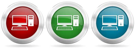 Computer Desktop Vector Icon Set Red Blue And Green Silver Metallic Web Buttons With Chrome