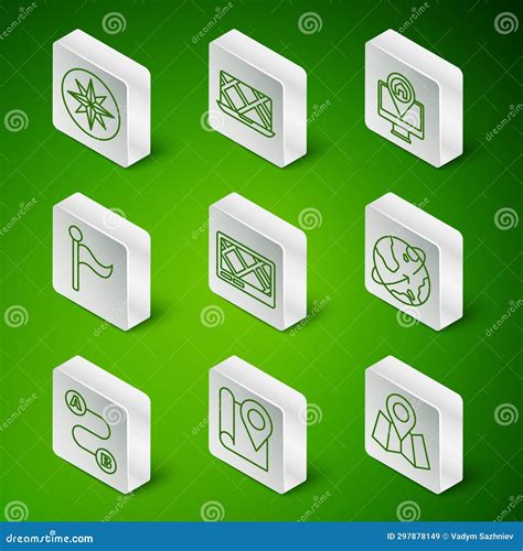 Set Line Folded Map With Location Marker Wind Rose Gps Device Flag City Navigation Route
