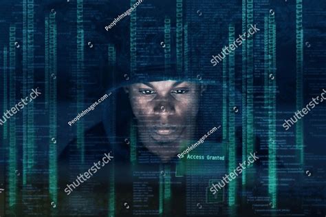 Night, hacker and black man with coding for cybersecurity, firewall breach or programming ...