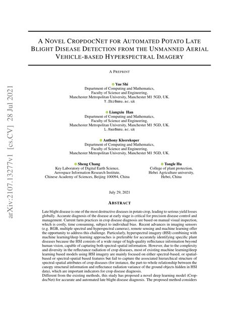 Pdf A Novel Cropdocnet For Automated Potato Late Blight Disease Detection From The Unmanned
