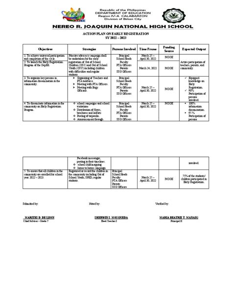 Action Plan On Early Registration Pdf