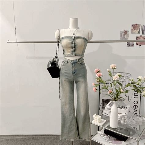 당일발송 Y2k하이틴유니크 여름 그라데이션 버튼 섹시 글램 슬림 빈티지 스티치 데님팬츠 데님바지 데님부츠컷 청바지 워싱 연청바지 나팔바지 세미 부츠컷 여름팬츠