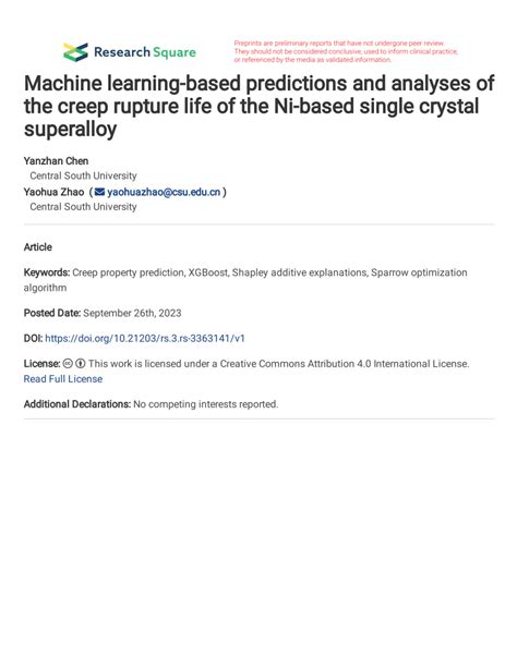 Pdf Machine Learning Based Predictions And Analyses Of The Creep Rupture Life Of The Ni Based