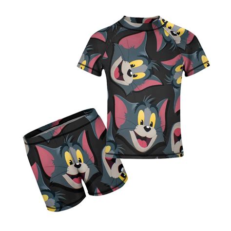 Tom And Jerry Boys 2 Piece Swimsuit Set Short Sleeve Rash Guard And Swim