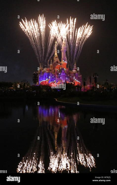 Fireworks Explode Over The Disney Castle During The First Anniversary Celebration Ceremony In