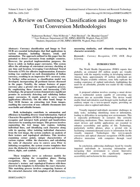 A Review On Currency Classification And Image To Text Conversion Methodologies Pdf Optical