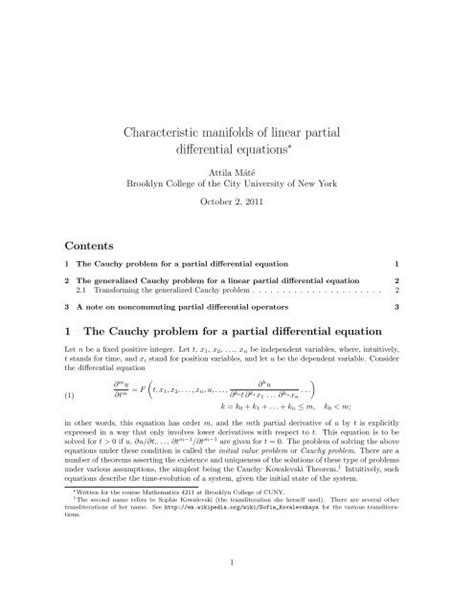 Characteristic Manifolds Of Linear Partial Differential Equations Cuny