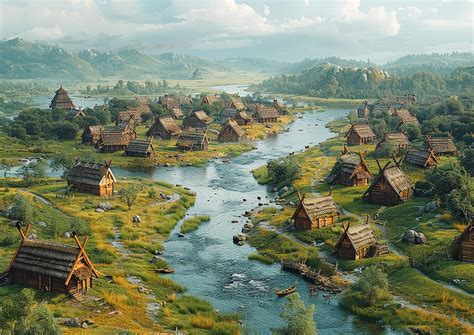 Ancient Viking Settlement With Wooden Longhouses Premium Ai Generated