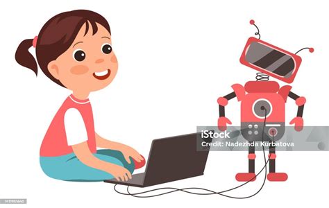 아이들은 로봇을 조립합니다 로봇 장난감과 노트북을 가진 소녀 아이 프로그래밍 인공 지능 안드로이드를 만드는 아기 자동 기계 Ai
