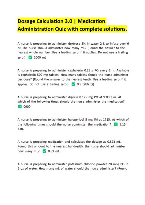 Dosage Calculation 30 Medication Administration Quiz With Complete Solutions Latest 2024