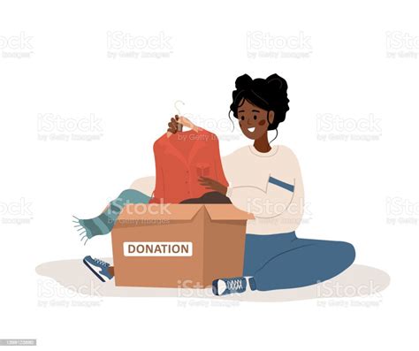 옷 기부 아프리카 여성은 오래된 중고 옷을 골판지 상자에 공유하거나 재활용 할 준비가되었습니다 자원 봉사 및 사회 복지 개념 국제 자선 단체의 날 벡터 만화 일러스트 레이