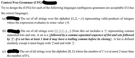 solved context free grammar cfg try t0 design the cfg for each of