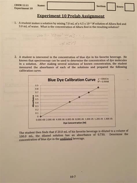 solved chem 1111 experiment 10 name section score