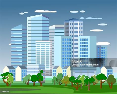 큰 현대 도시 가벼운 쾌적한 도시 경관 고층 건물 고층 건물 및 고층 건물 잔디와 나무가있는 녹색 공원 지역 플랫 스타일 하늘