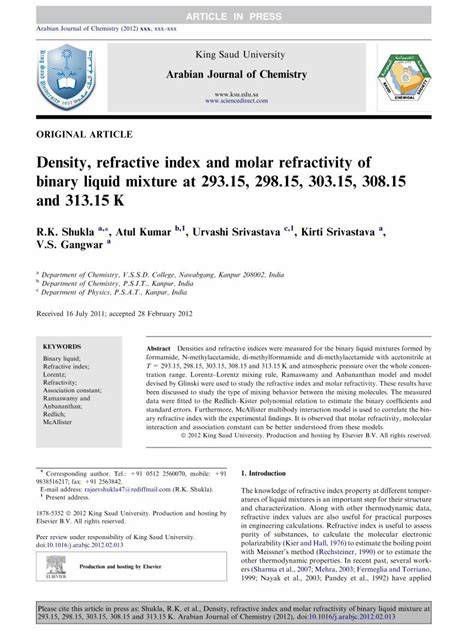 Pdf Density Refractive Index And Molar Refractivity Of Binary Liquid