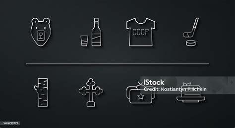 세트 라인 곰 머리 자작 나무 아이스 하키 스틱과 퍽 Ushanka 기독교 십자가 유리와 보드카 병 Medovik과 소련 티셔츠 아이콘 벡터 0명에 대한 스톡 벡터 아트 및