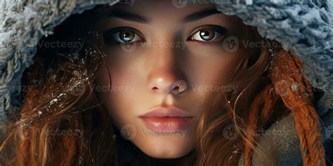 Ai Generated Close Up Of Woman In Hooded Coat Intense Gaze And Detailed Facial Features Ai