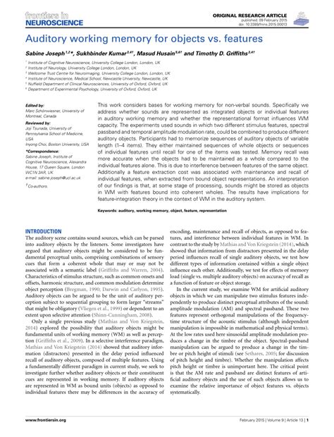Pdf Auditory Working Memory For Objects Vs Features