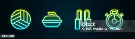 세트 라인 배구 공 컬링 스포츠 게임을위한 돌 줄넘기 및 스톱워치 빛나는 네온 아이콘입니다 벡터 건강한 생활방식에 대한 스톡 벡터 아트 및 기타 이미지 Istock