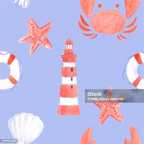 수채화 패턴 마린 스타일 등 대 크랩 불가사리 조개 파란색 배경 0명에 대한 스톡 벡터 아트 및 기타 이미지 0명 게