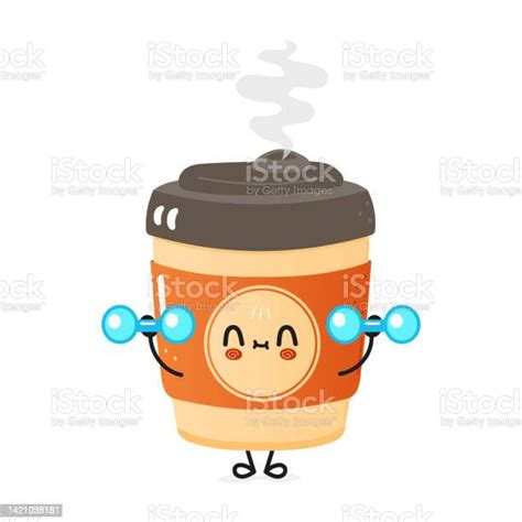 덤벨과 커피 캐릭터의 귀여운 재미있는 컵 벡터 손으로 그린 만화 카와이 캐릭터 일러스트 레이 션 아이콘 흰색 배경에 고립되어 있습니다 커피 한 잔 캐릭터 체육관 개념 갈색에