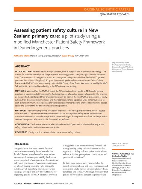 Pdf Assessing Patient Safety Culture In New Zealand Primary Care A