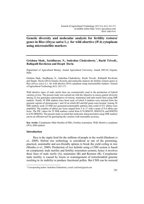 Pdf Genetic Diversity And Molecular Analysis For Fertility Restorer Genes In Rice Oryza