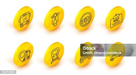 라인 자동차 택시 자동차 고속 열차 버스 운전 면허증 스티어링 휠 스쿠터 및 버스 아이콘이있는 위치를 설정합니다 벡터 3차원 형태에 대한 스톡 벡터 아트 및 기타 이미지