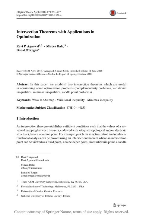 Intersection Theorems With Applications In Optimization Request Pdf