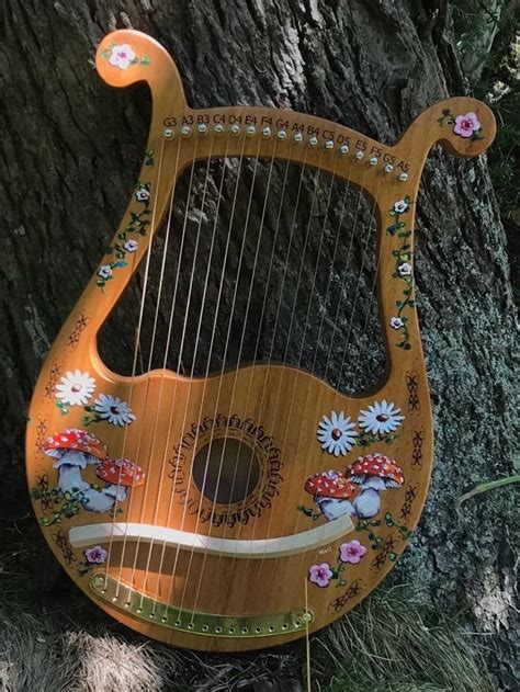 Hand Decorated Lyre Harp 16 String Grecian Mushroom And Daisy Design Etsy Instruments Art