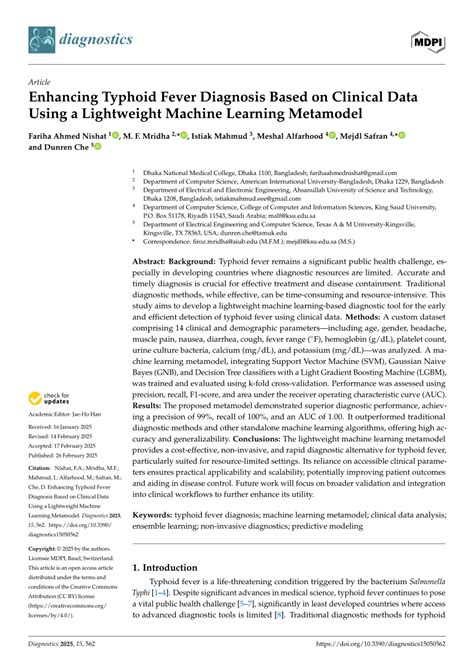 Pdf Enhancing Typhoid Fever Diagnosis Based On Clinical Data Using A Lightweight Machine