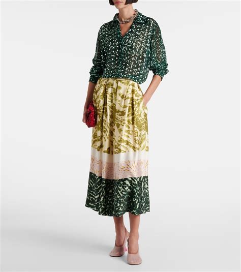 Printed Satin Midi Skirt In Green Dries Van Noten Mytheresa