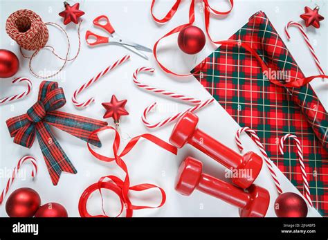 Dumbbells And T Wrapping Paper String Ribbon Bow Candy Canes Scissors And Decorative