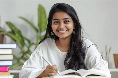 Premium Photo Happy Young Indian Woman With Long Hair In Study Room