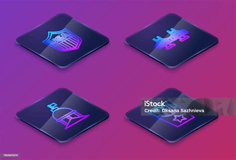 별 백악관 골든 게이트 브리지 감자 감자 감자 감자 와 함께 Isometric 라인 방패를 상자에 설정합니다 파란색 정사각형 버튼 벡터 3차원 형태에 대한 스톡 벡터 아트