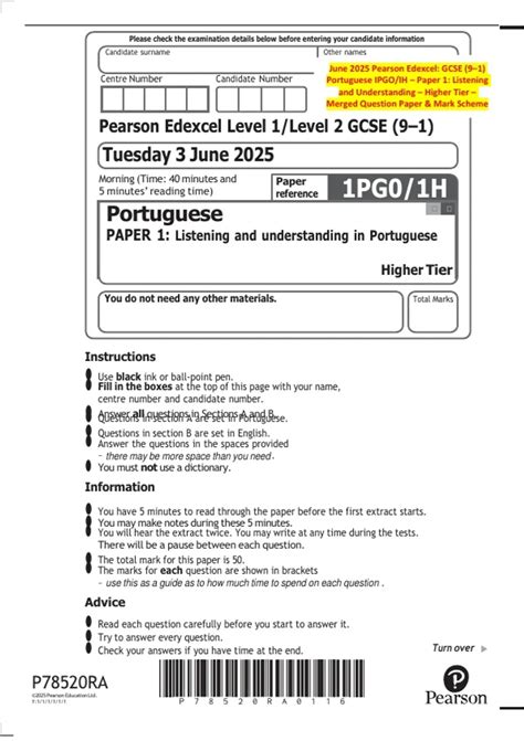 June 2025 Pearson Edexcel Gcse 91 Portuguese Ipgoih Paper 1 Listening And Understanding
