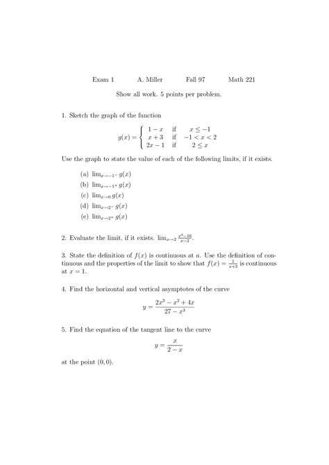 Exam 1 With Answers Calculus And Analytic Geometry Math 221 Docsity