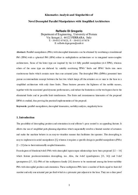 Pdf Kinematics Analysis And Singularities Of Novel Decoupled Parallel Manipulators With