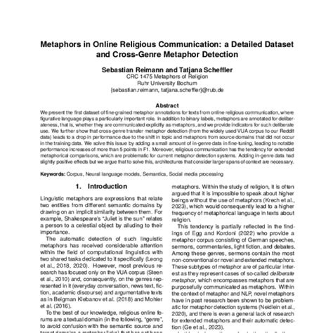 Metaphors In Online Religious Communication A Detailed Dataset And Cross Genre Metaphor