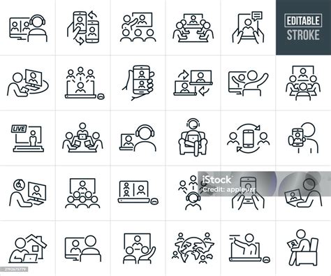 화상 회의 얇은 선 아이콘 편집 가능한 획 아이콘에는 원격 회의 화상 채팅 가상 회의 We Conference 비즈니스 회의 사업가 동료 동료 회의 랩톱 컴퓨터 교육 웨비나