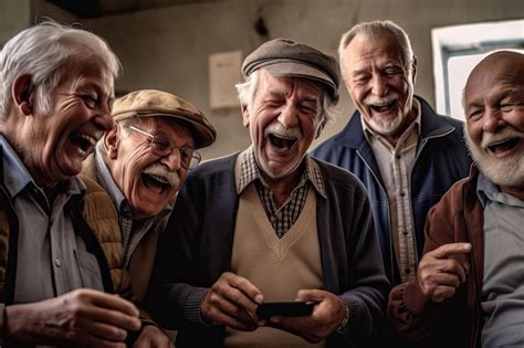 Premium Ai Image A Group Of Older Men Laughing While Looking At A
