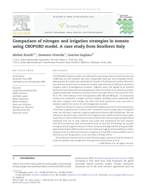 Pdf Comparison Of Nitrogen And Irrigation Strategies In Tomato Using Cropgro Model A Case