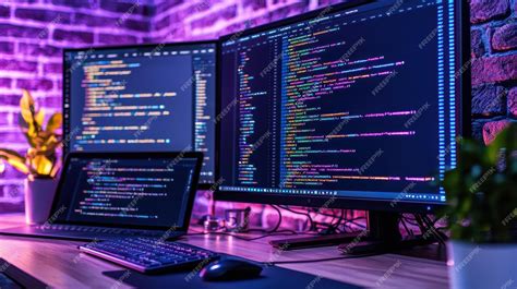 Code On Multiple Screens In A Modern Workspace Premium Ai Generated Image