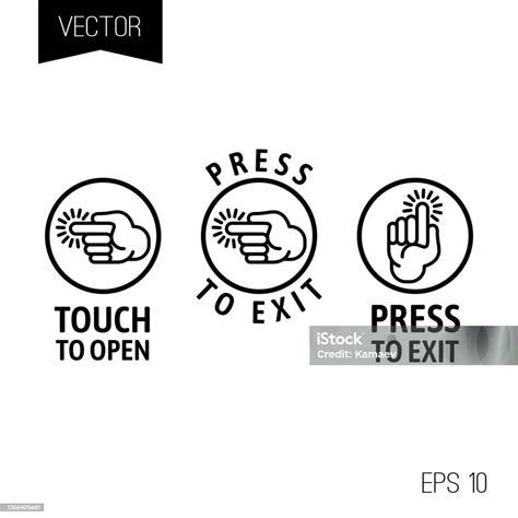 도어 작동 버튼 컨트롤 또는 아이콘입니다 벡터 템플릿입니다 시그니처가 있는 원에 손의 블랙 실루엣 열거나 눌러 나가도록 누릅니다 개념에 대한 스톡 벡터 아트 및 기타 이미지