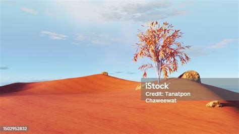 3d 렌더링 혼자 나무가 있는 초현실적인 모래 언덕 풍경 배경 조미료 풍경 환경에서 추상적인 환상적인 사막 모래 언덕 복사 공간 푸른 하늘 및 흐린 파노라마 미래 장면 3