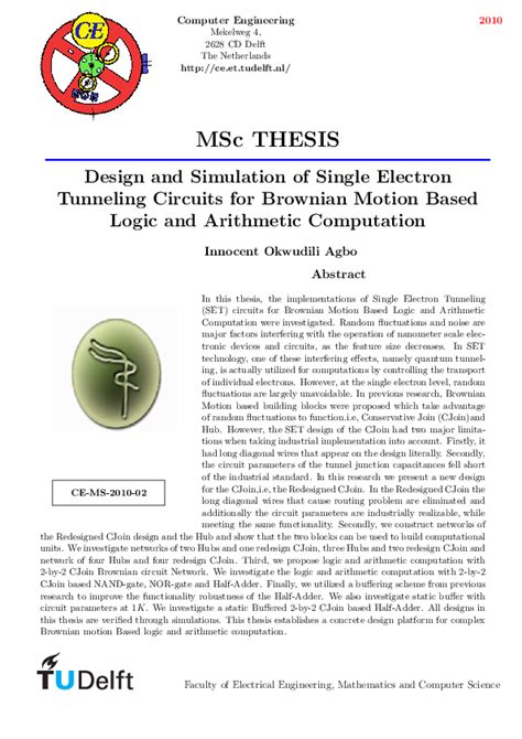 Pdf Msc Thesis Design And Simulation Of Single Electron Tunneling Circuits For Brownian Motion