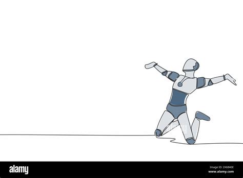 Single Continuous Line Happy Robot Jumping With Raised Legs And Spread Arms Future Technology