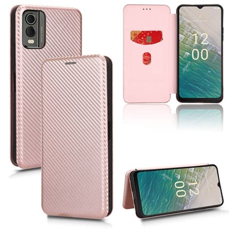 For Nokia C32 Carbon Fiber Texture Flip Leather Phone Case Pink
