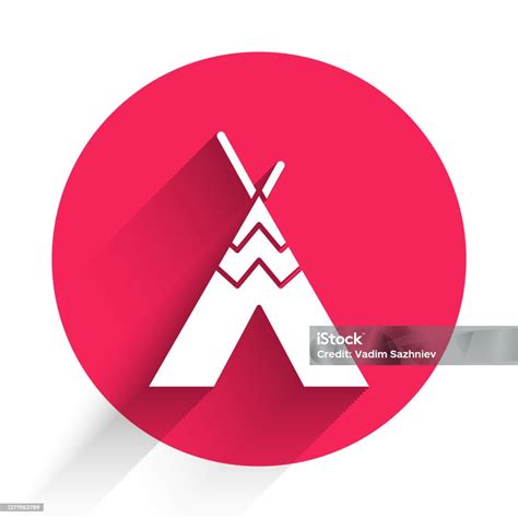 긴 그림자로 고립 된 흰색 전통 인디언 티피 또는 위그웜 아이콘 인도 텐트 빨간색 원 버튼입니다 벡터 티피텐트에 대한 스톡 벡터 아트 및 기타 이미지 Istock